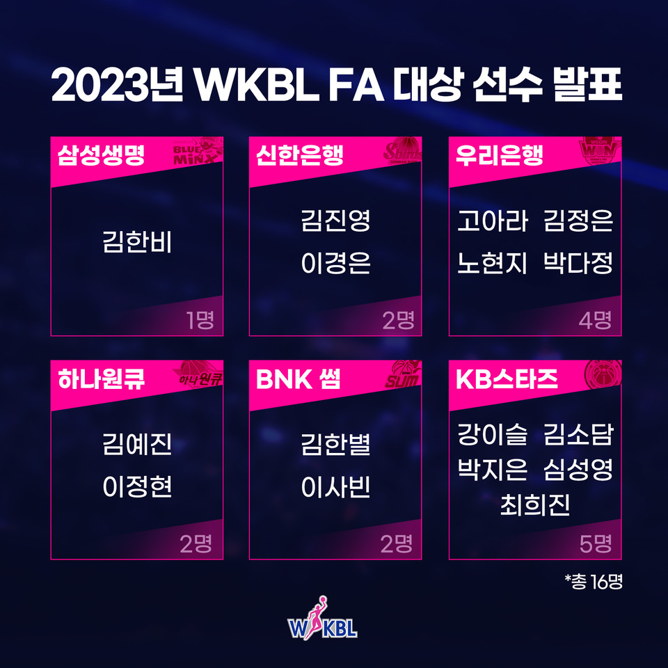 WKBL, FA 대상자 16명 공시...강이슬·김한별 등 포함